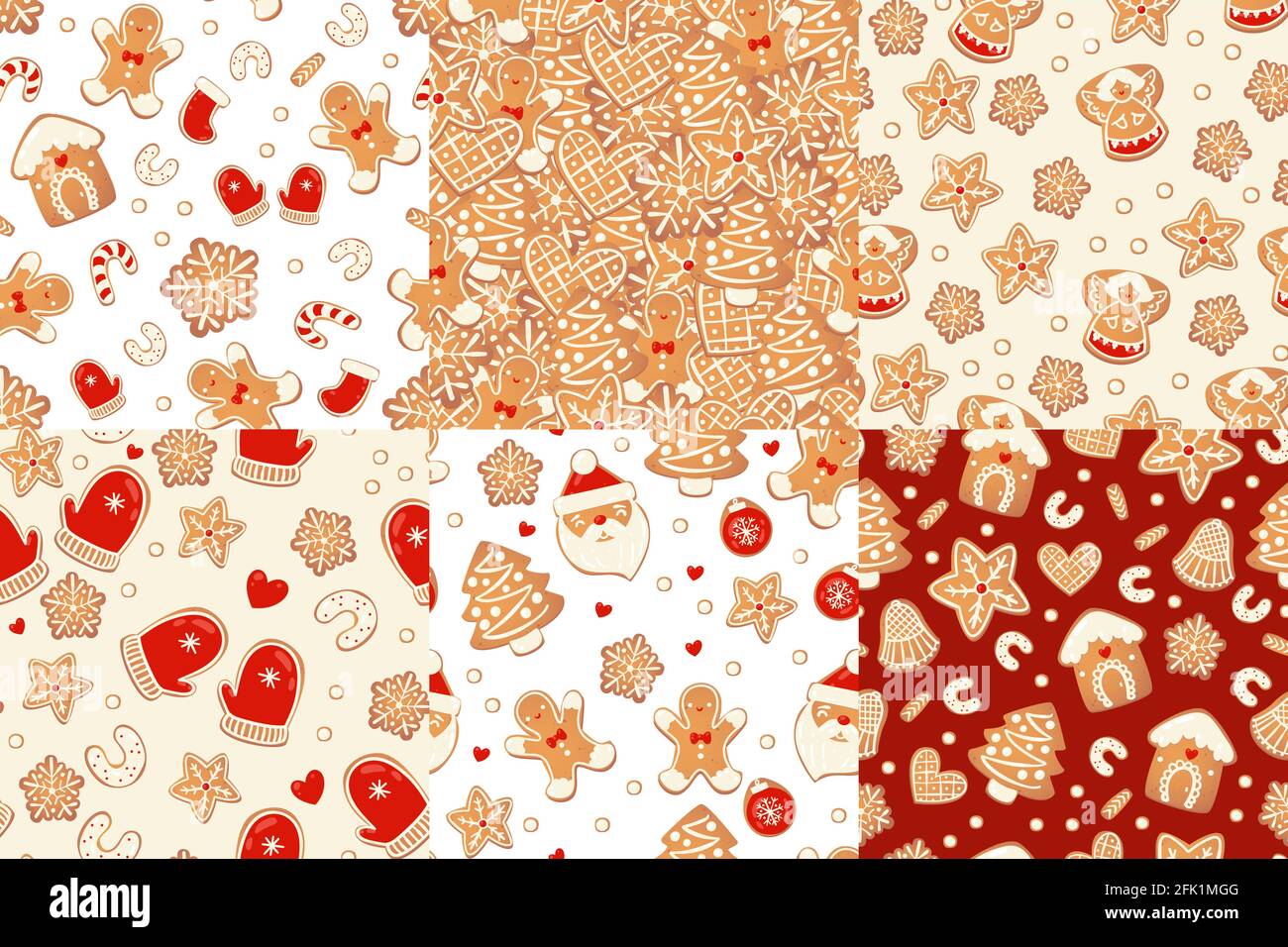 Christmas gingerbread vector seamless patterns set. Winter characters ...