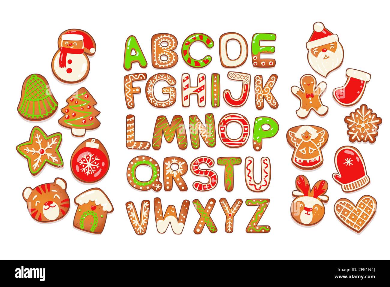 Christmas gingerbread cookies alphabet. Biscuit letters and characters ...