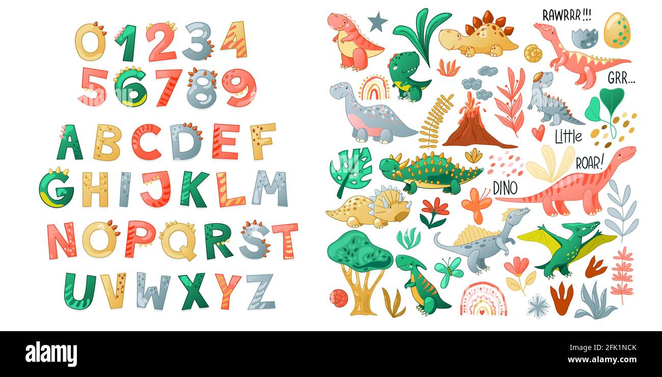 Cartoon cute Dinosaur alphabet. Dino font with letters and numbers. Children Vector illustration ...