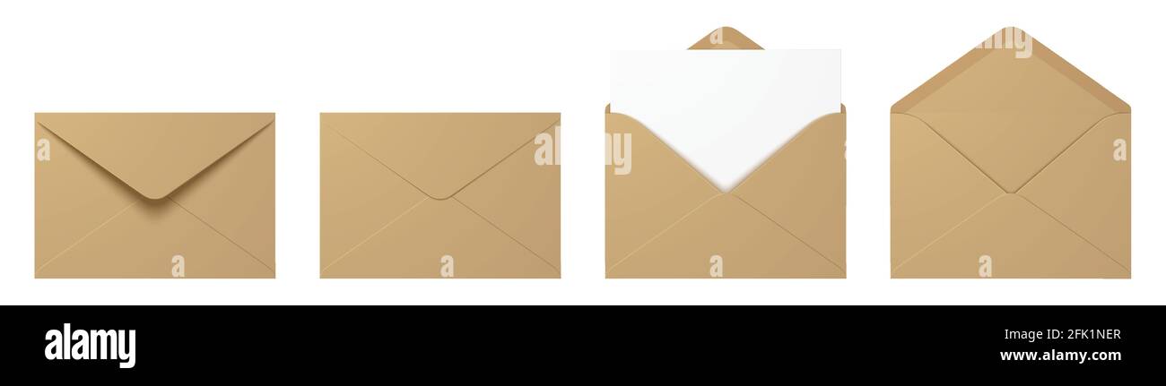 Vector set of realistic craft paper envelopes in different positions. Folded and unfolded ...