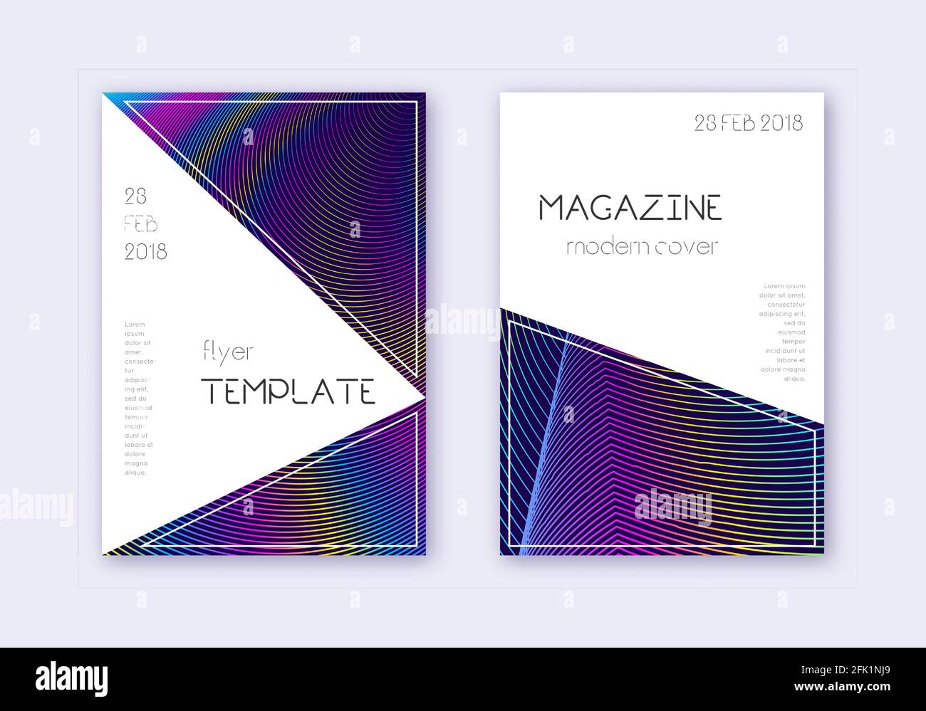 Triangle cover design template set. Rainbow abstract lines on dark blue ...