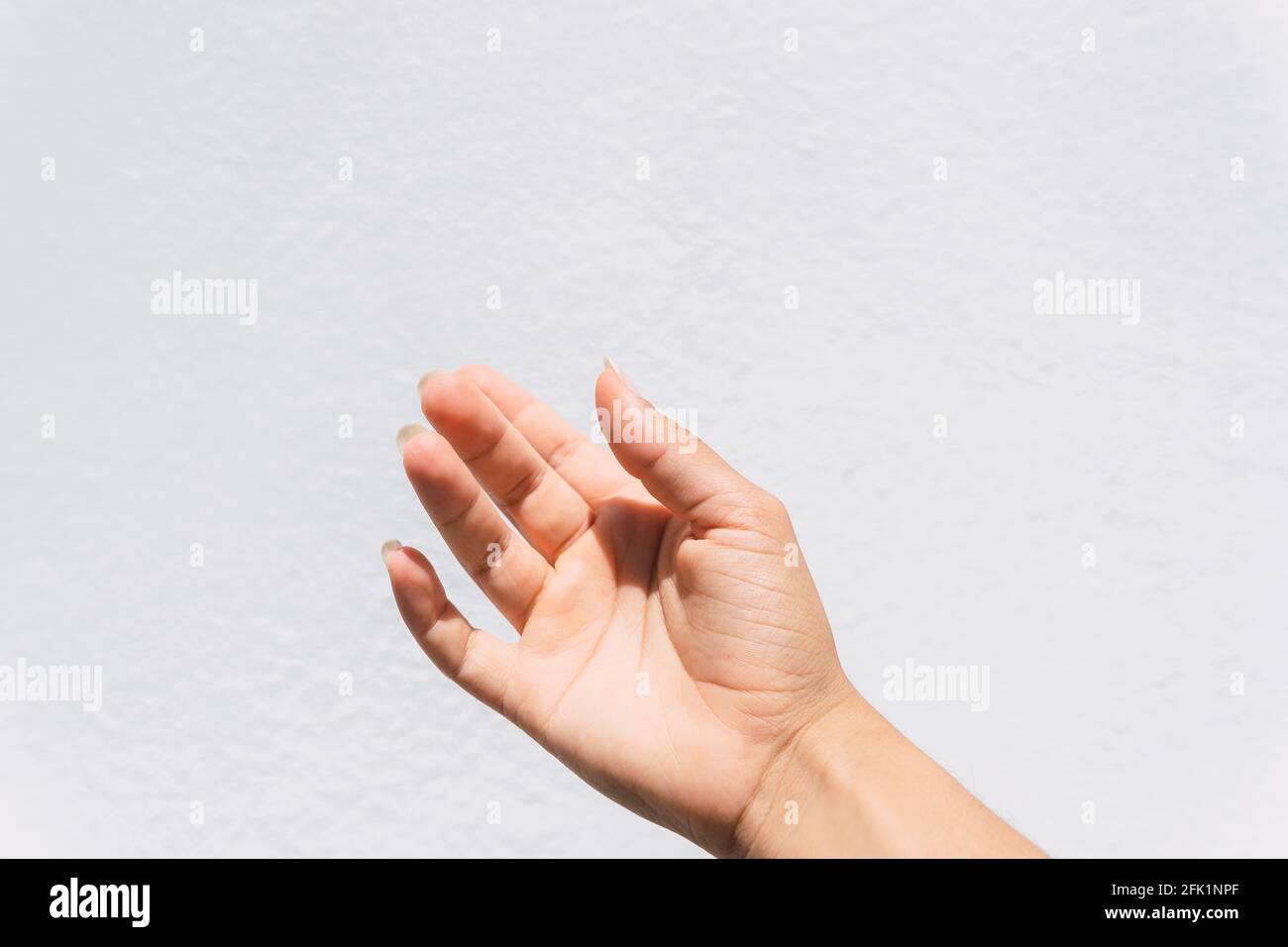 Closeup of asking hand signagainst a white wall background Stock Photo ...
