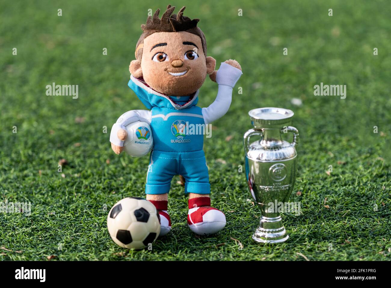 April 16, 2021 Moscow, Russia. Soft toy mascot of the European Football ...
