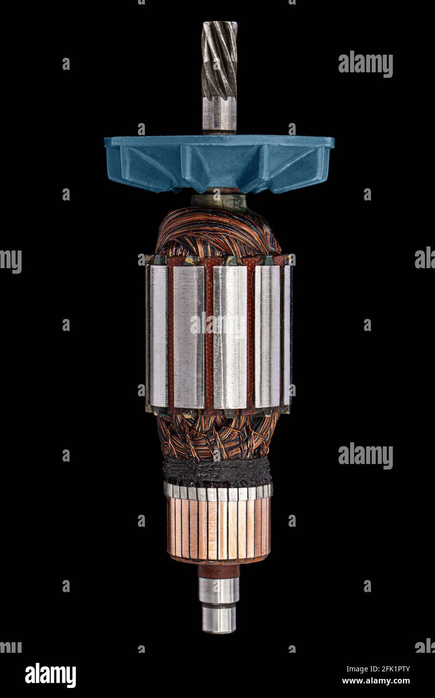 Rotor or of anchor electric motor closeup, isolated on black background ...