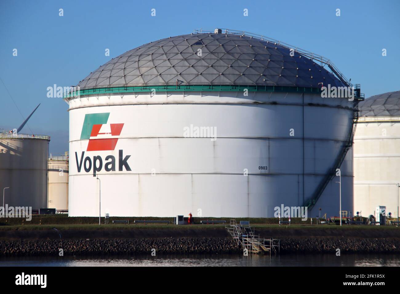 Oil tanks for storage at the Vopak terminal in the Botlek Harbor in the ...
