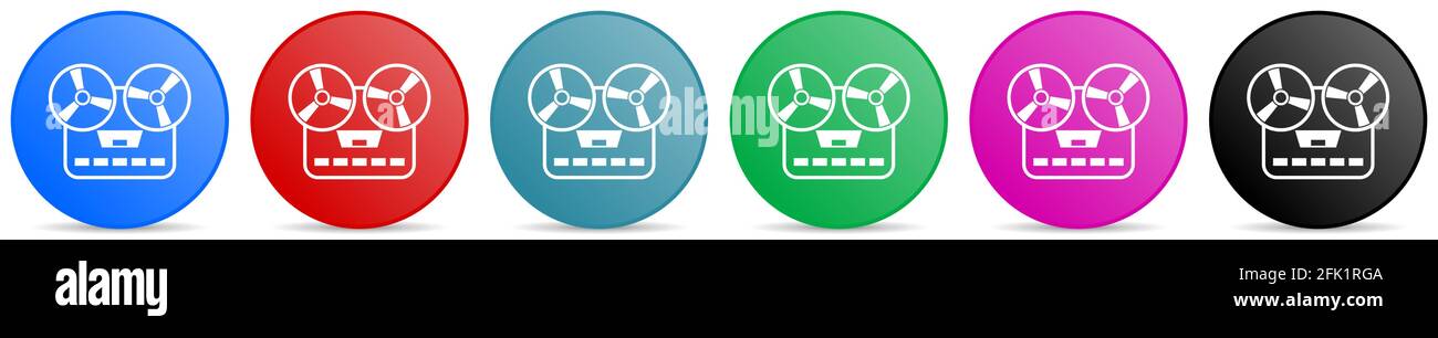 Music recorder, audio equipmen vector icons, set of circle gradient buttons in 6 colors options ...