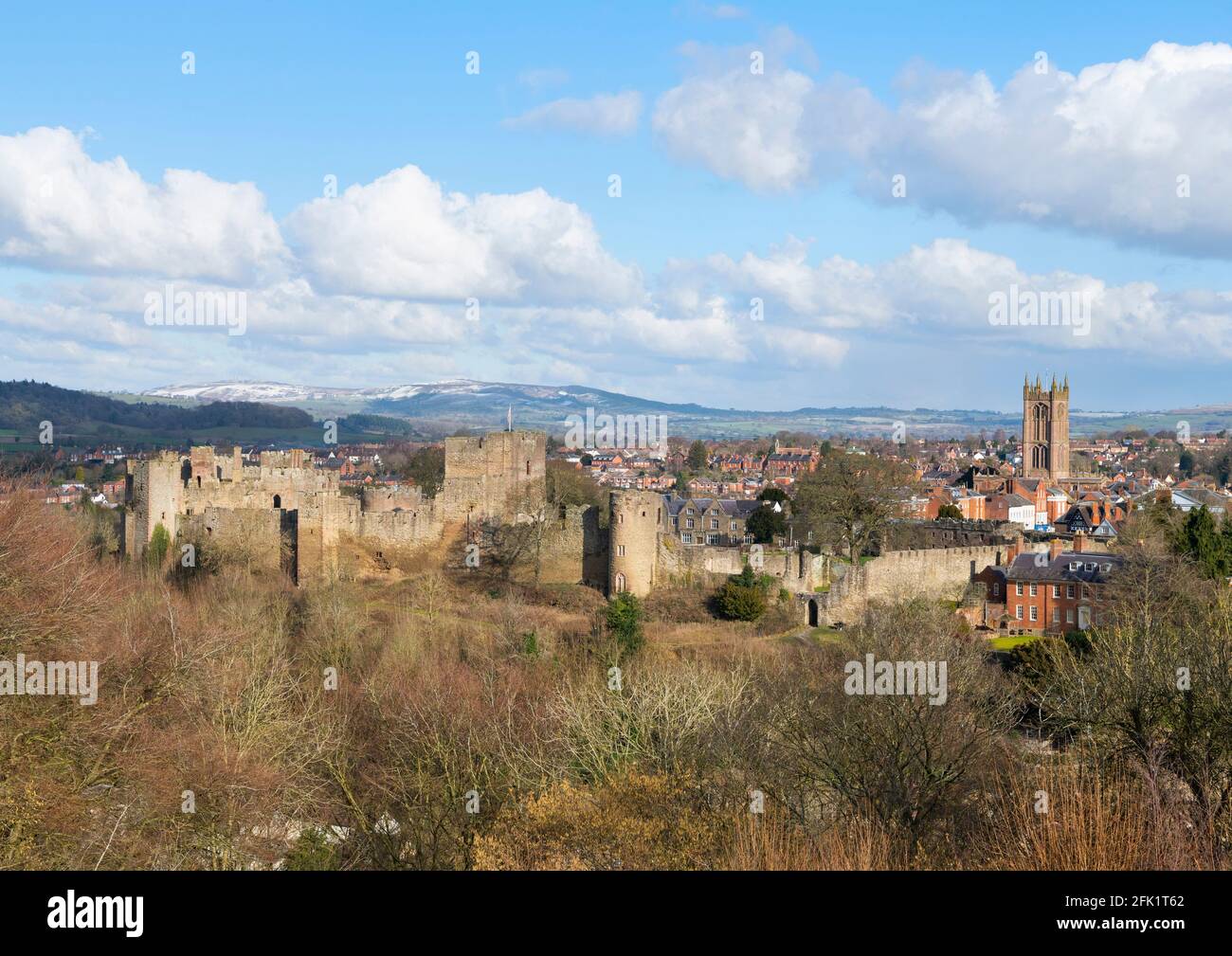 The town of Ludlow with the castle and St Laurence's Church, seen from ...
