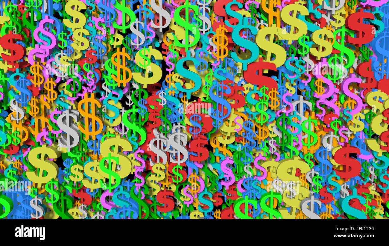 Many colorful dollar signs , dollar symbols. 3d rendering illustration ...