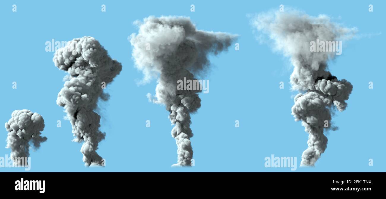 4 images of solid bright smoke column as from volcano or big industrial ...