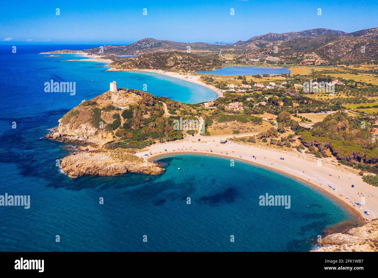 Torre di Chia view from flying drone. Acropoli di Bithia with Torre di ...