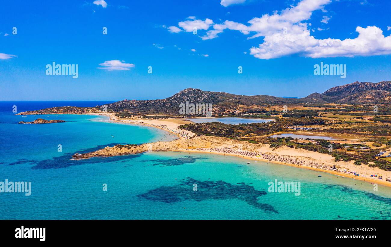 Torre di Chia view from flying drone. Acropoli di Bithia with Torre di ...