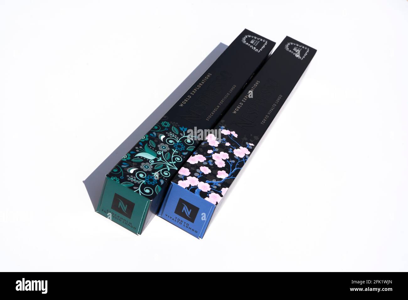 Nice, FRANCE - 22.04.2021: Nespresso cafe new collection for decoration ...