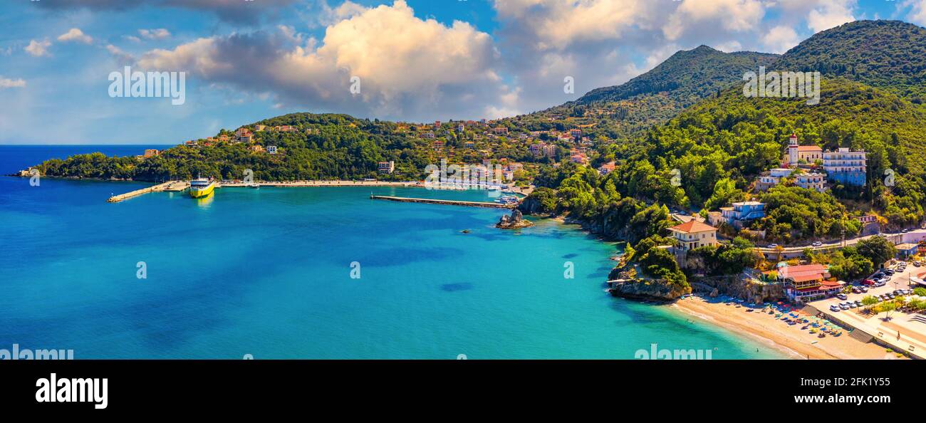 Aerial view of city of Poros, Kefalonia island in Greece. Poros city in ...