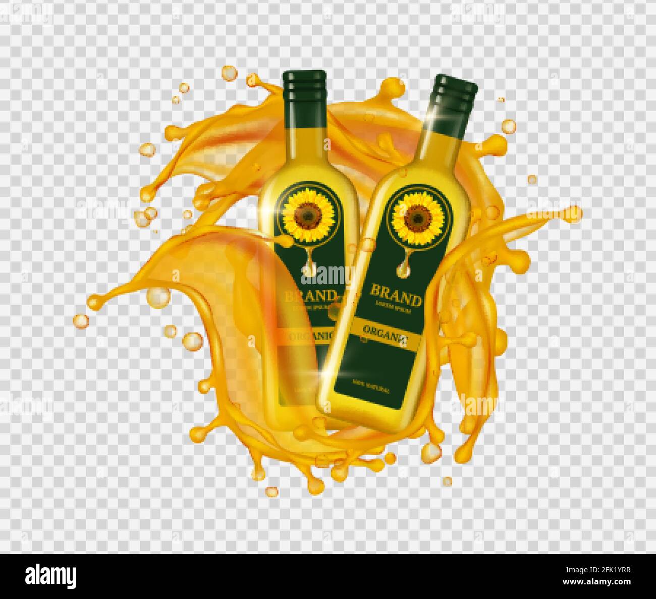 Sunflower oil. Vector realistic oil bottles gold drops and splashes ...