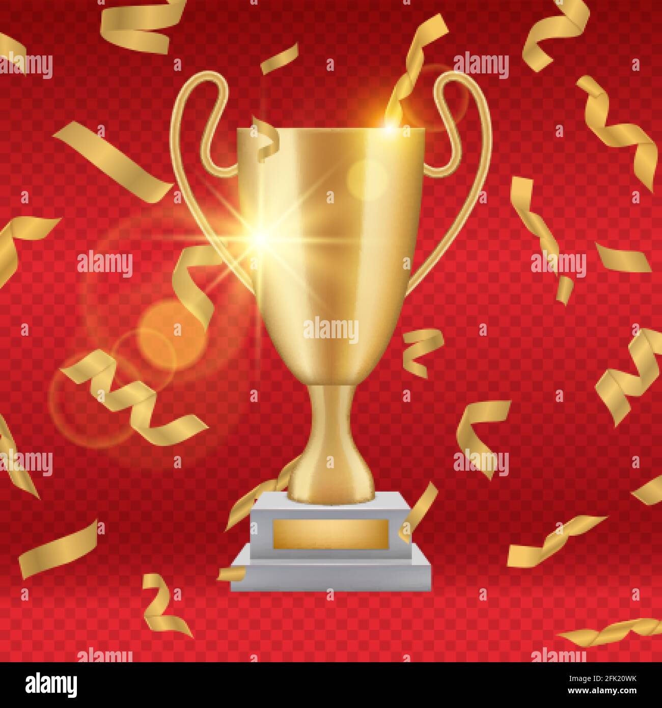 Realistic gold trophy. Falling golden confetti, vector award winner cup ...