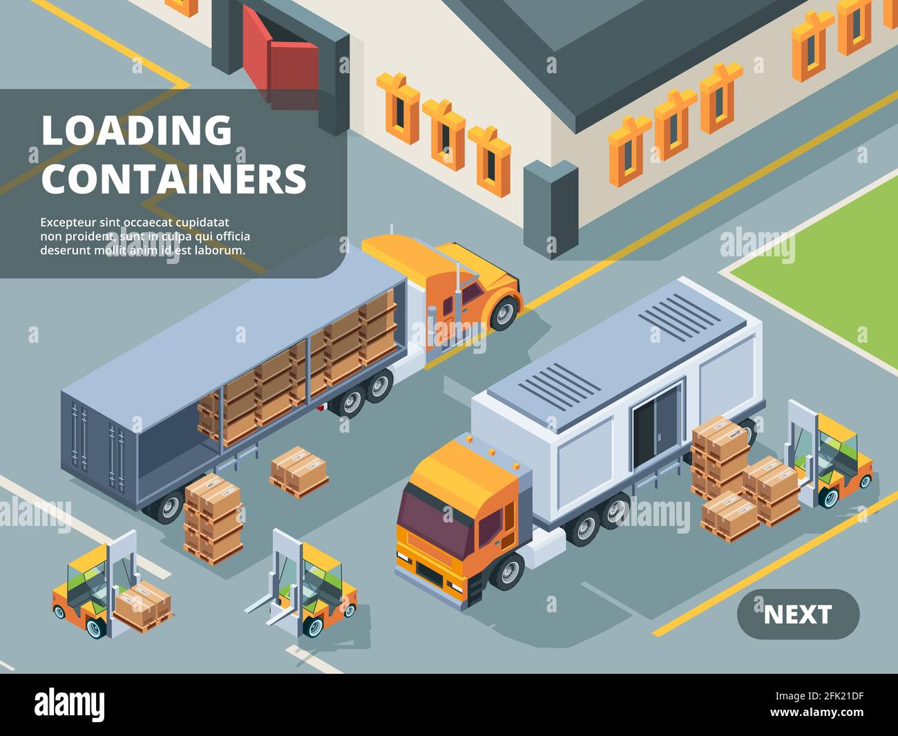 Logistic concept. Warehouse loading containers shipping transportation retail workers tracking ...