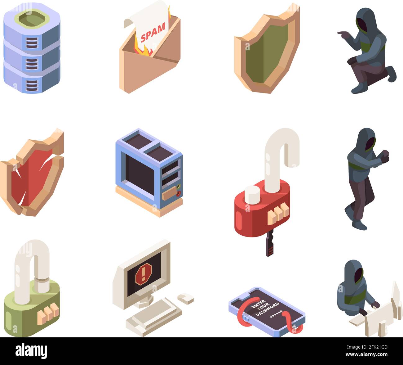 Hacker characters. Computer online network attack cyber padlock digital data protection spam and ...