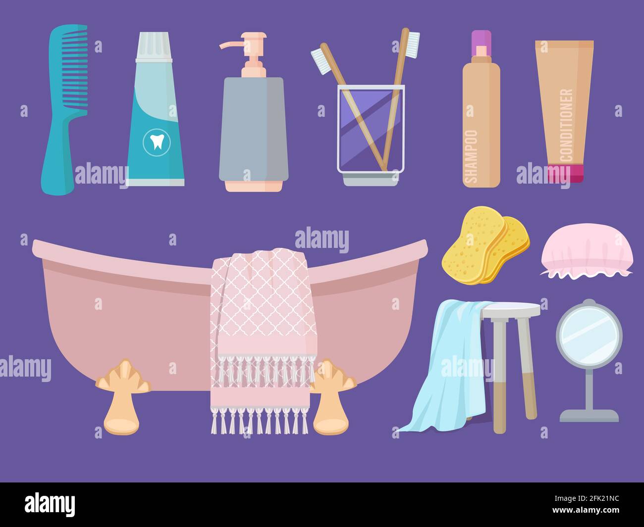 Hygiene items. Body care gel soap sink brush towel sponge paste ...