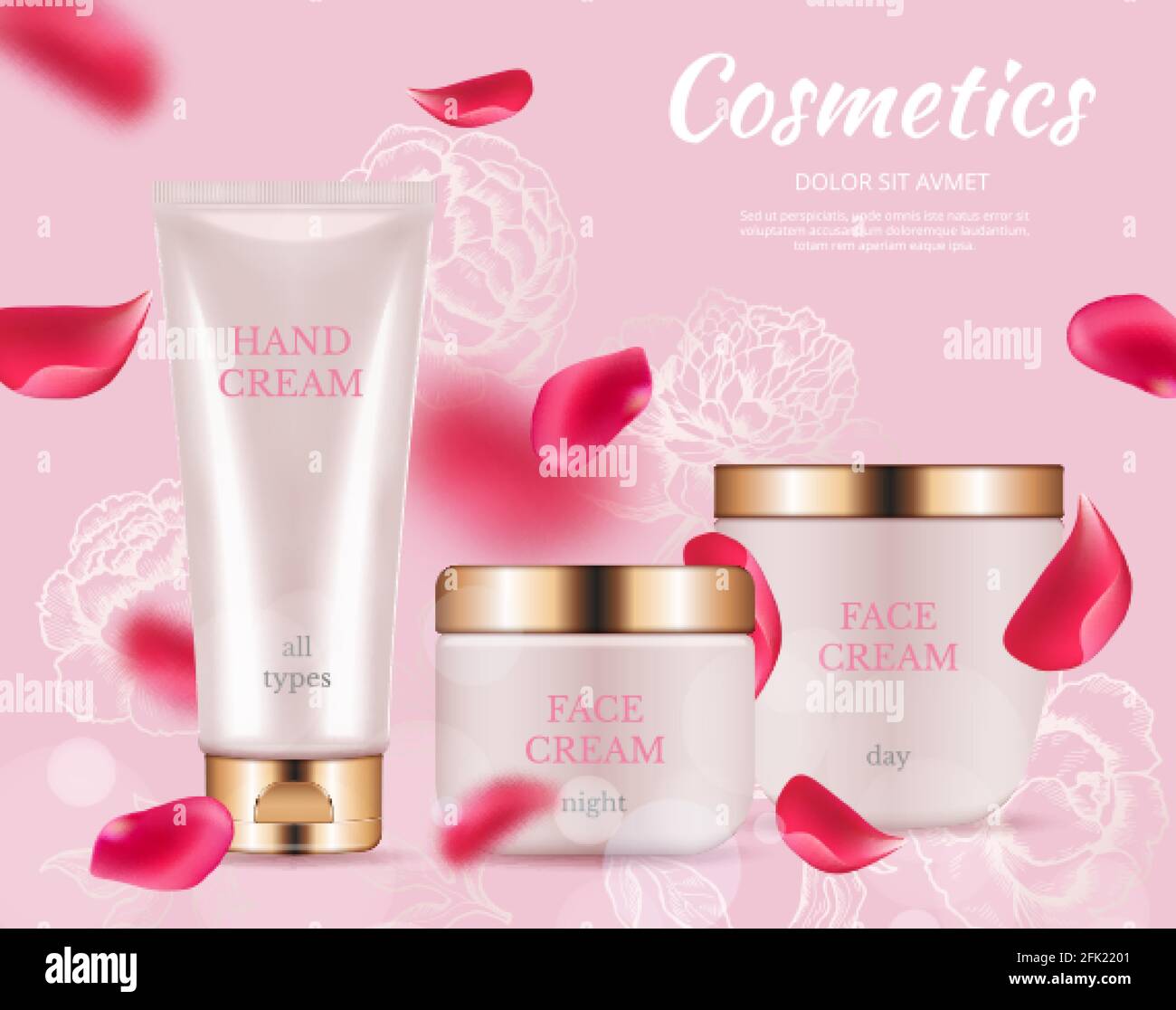 AD cosmetics poster. Realistic cream packaging, flying roses petals ...