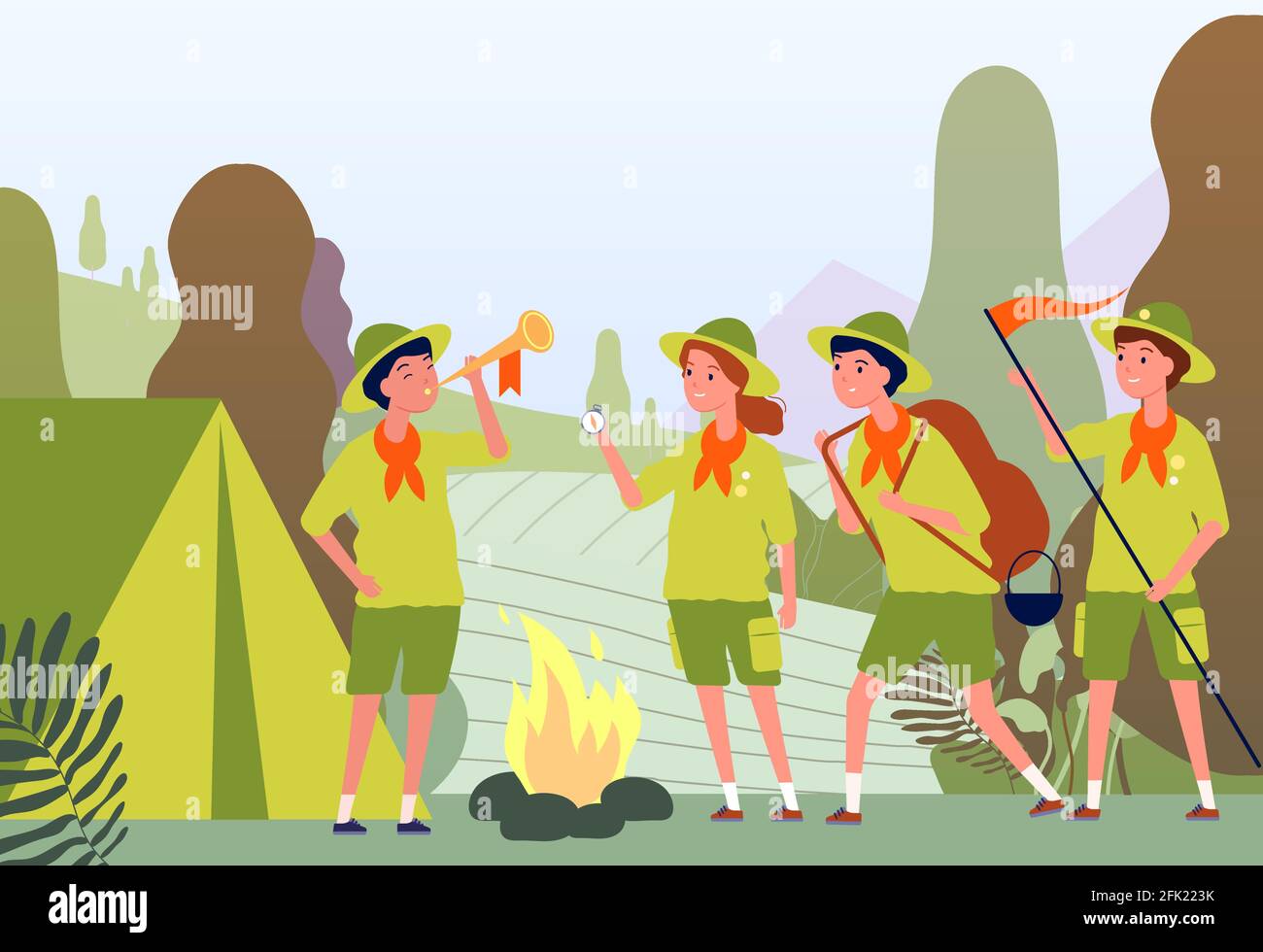 Camping scouts. Campfire in forest and happy kids in uniform sitting ...