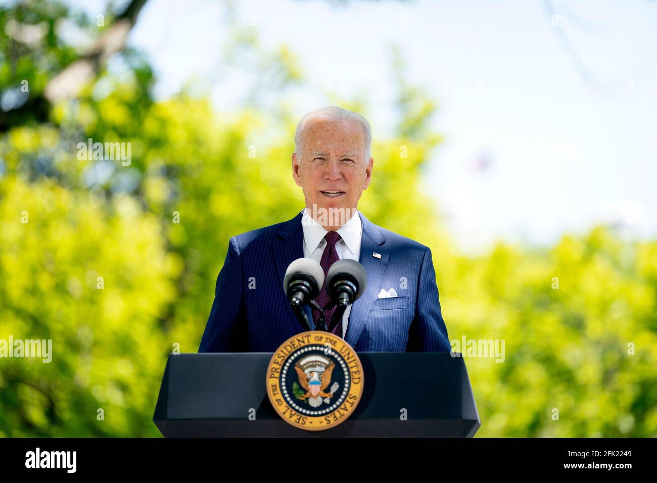 U.S. President Joe Biden speaks on the North Lawn of the White House in ...