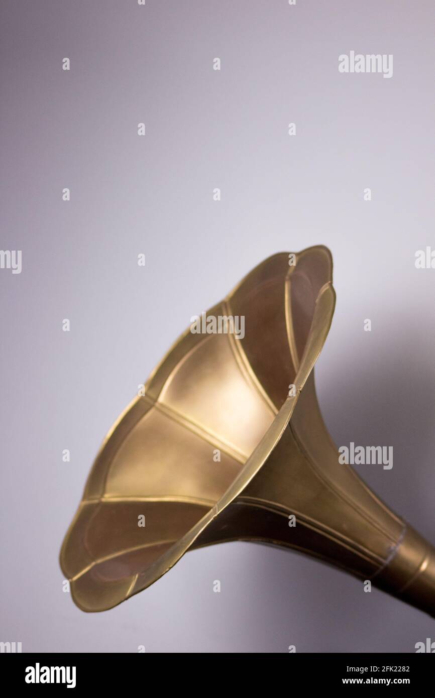 Old gramophone with a plate record. Portable wind-up gramophone ...