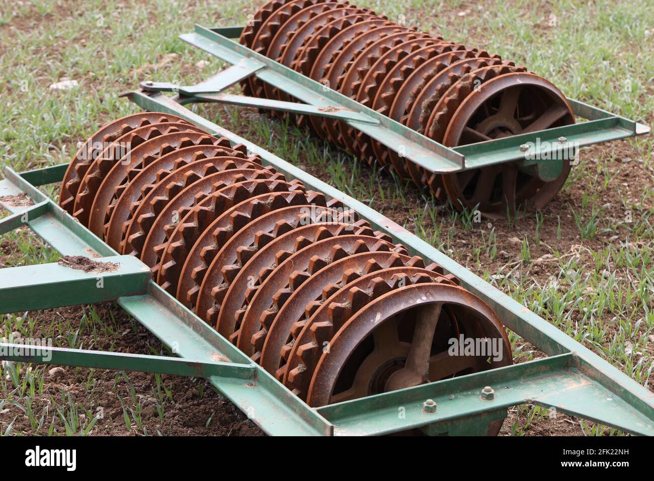 Closeup shot of parts and details of agricultural disk harrow in the ...