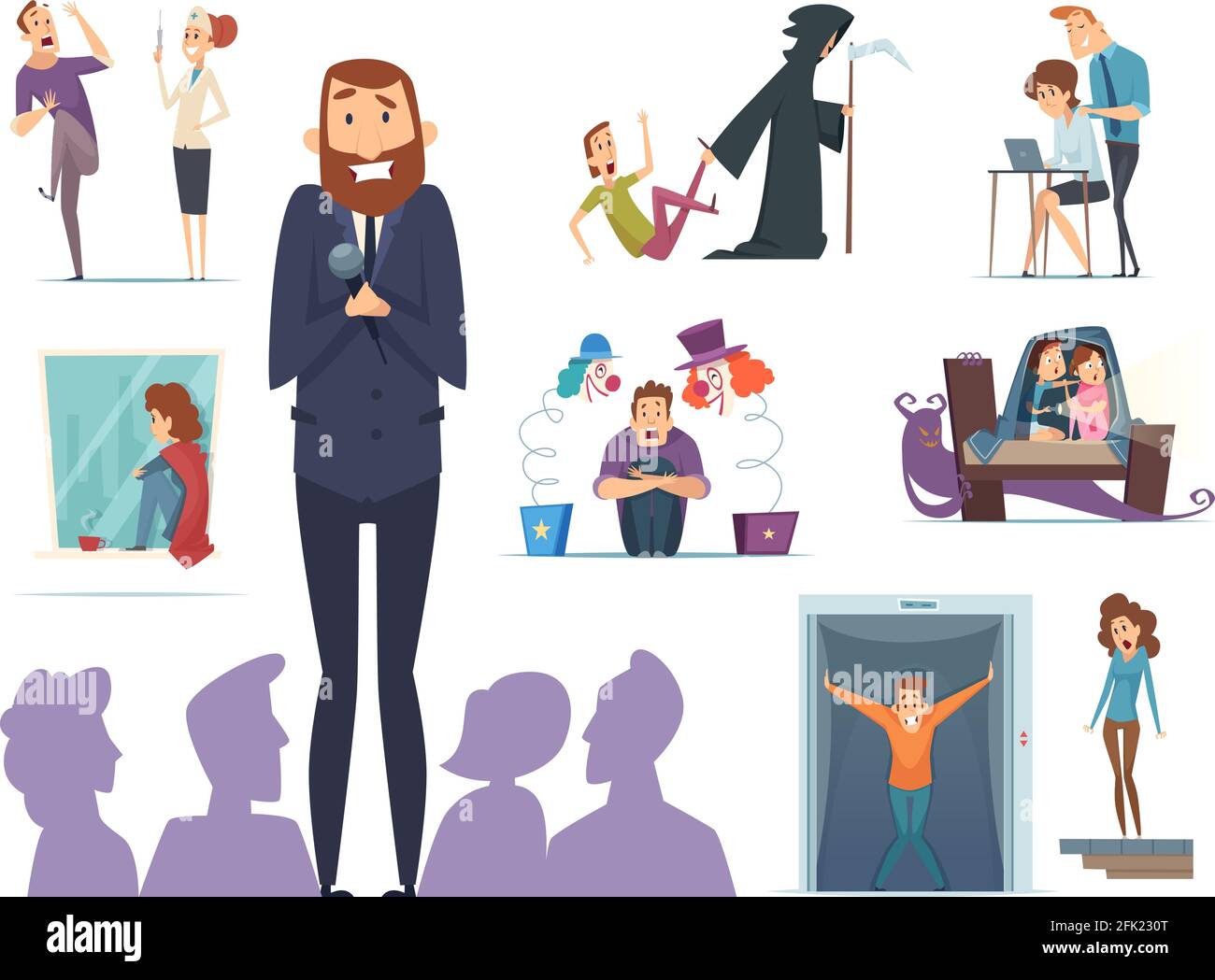 Scary characters. Various fears of people nervous panic characters with ...