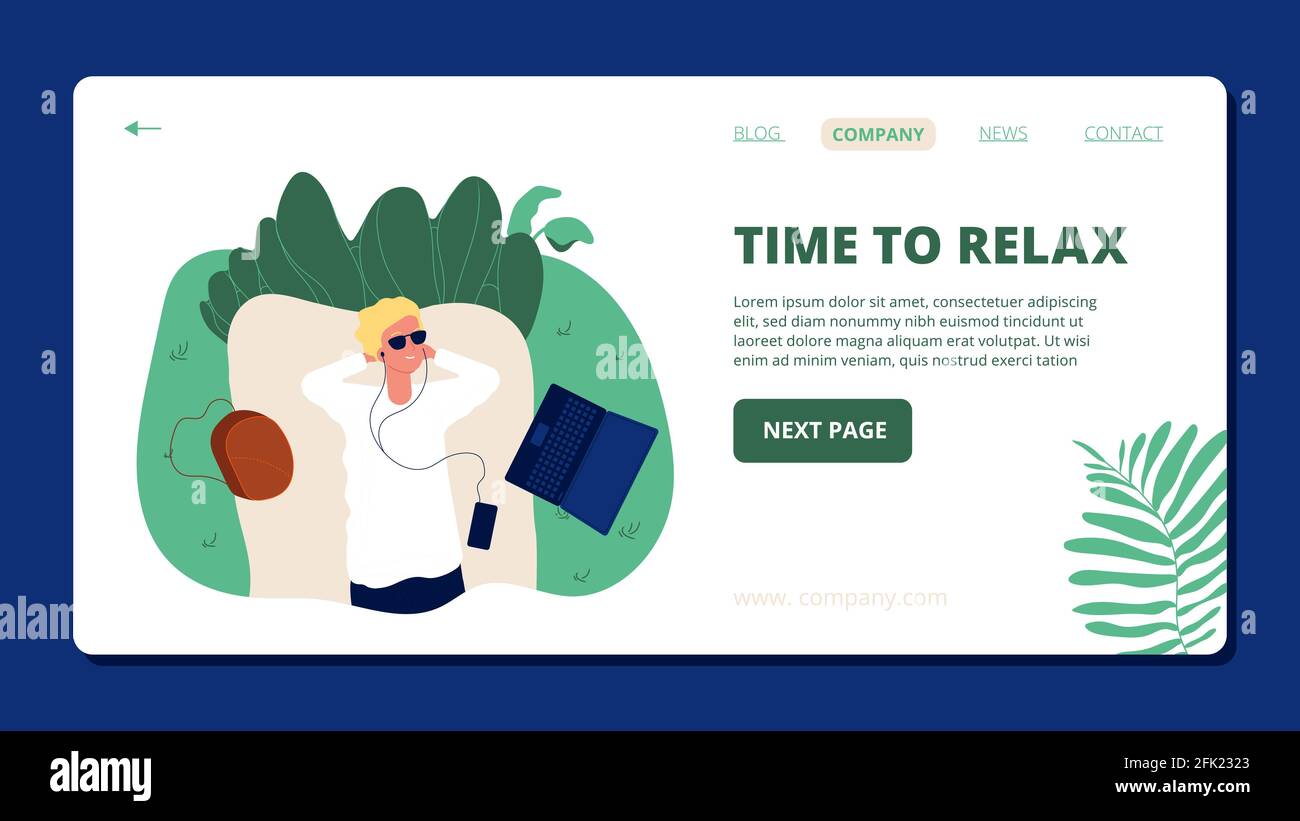 Relax landing page. Happy boy relaxing on nature. Vector flat guy happy ...
