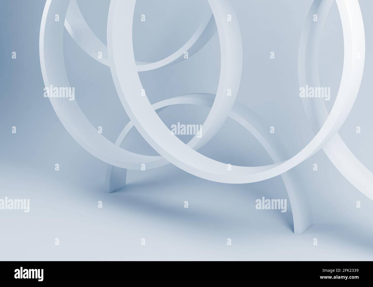 Light blue abstract background with rings installation, 3d rendering ...