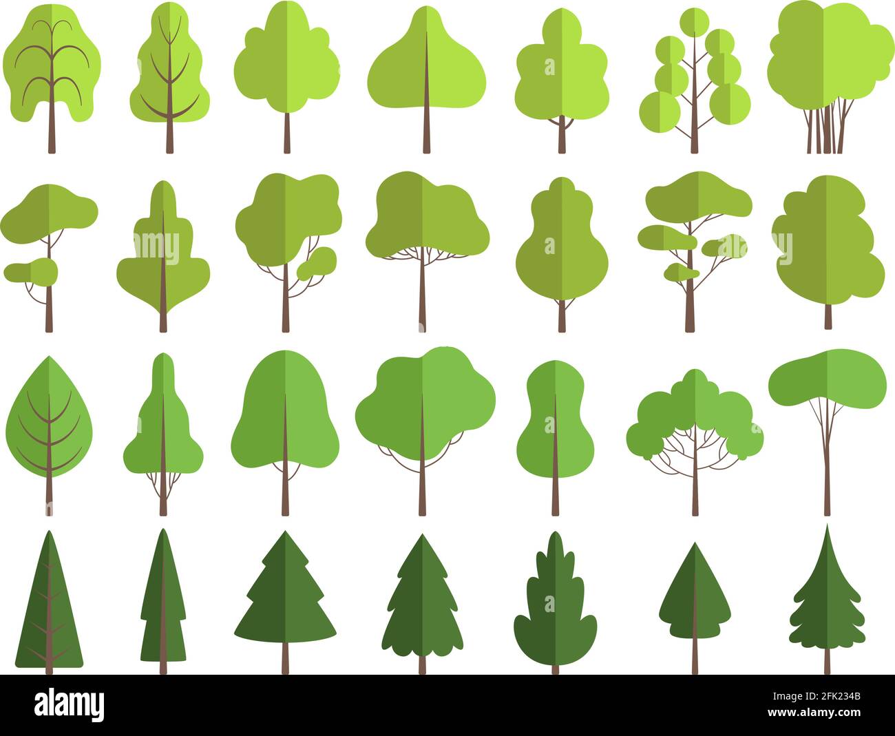 Flat green trees. Nature plants clean shaping forms vector collection ...