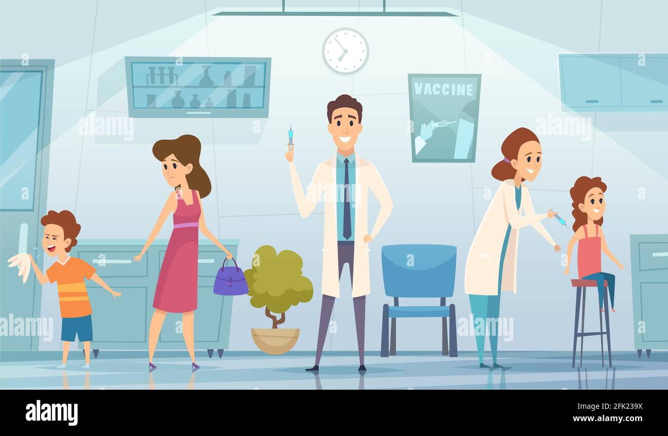 Kids vaccination. Doctor in clinic medication childrens cartoon vector ...