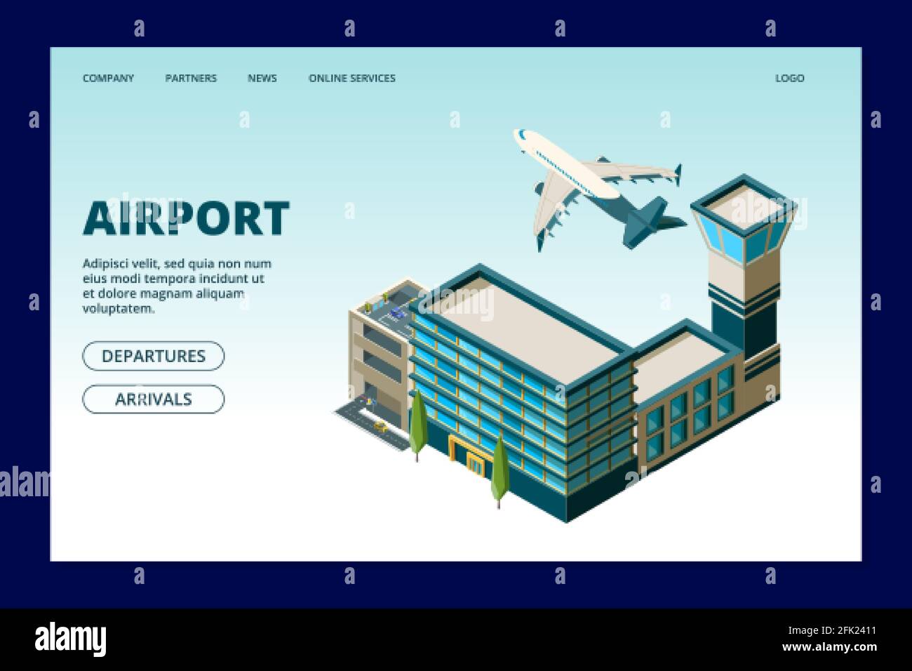 Airport landing page. Departures arrivals info banner. 3D airport ...