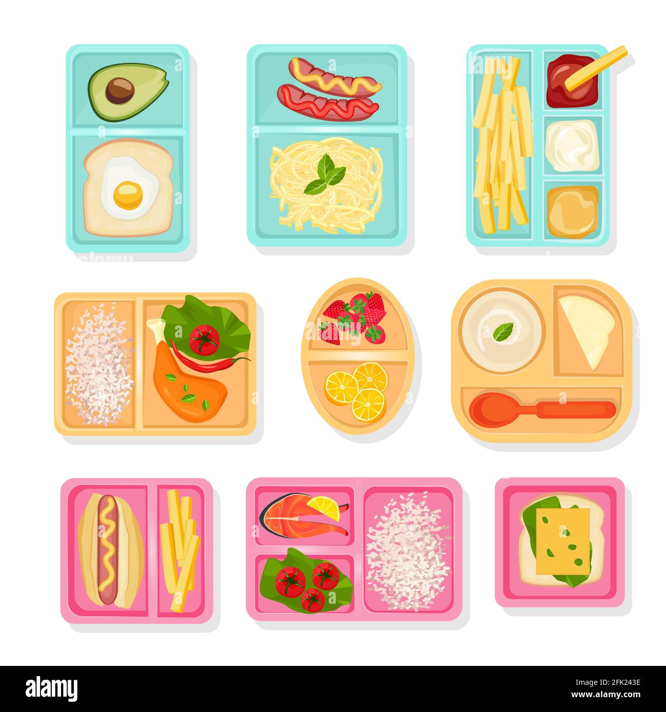 School food top view. Lunch boxes for children sort cases for products ...