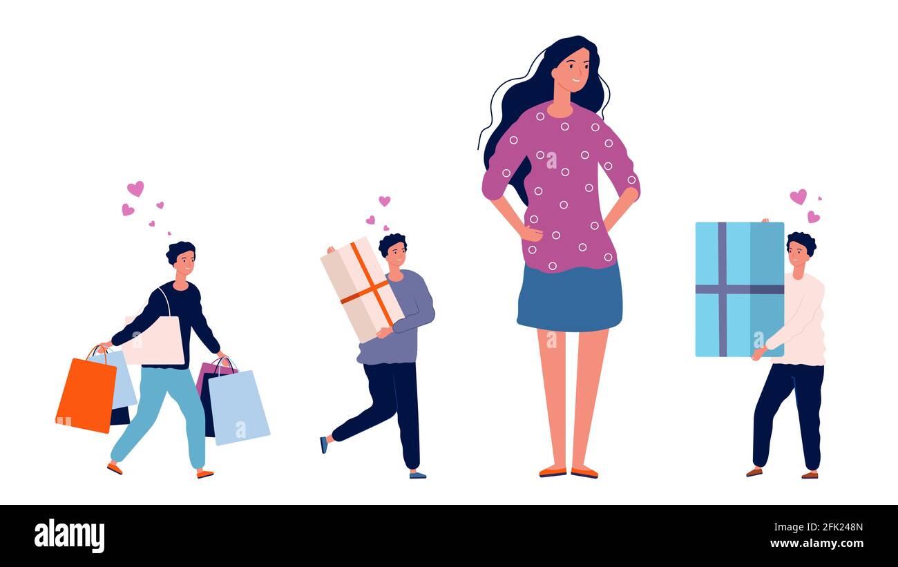 Popular woman. Beautiful girl, men with gifts. Flat vector pretty woman ...