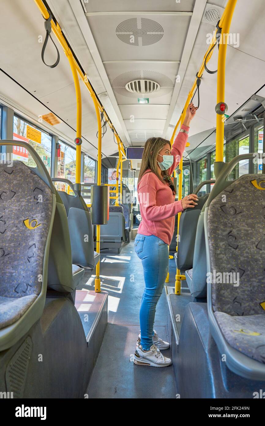 pictures of a different moments of woman traveling in city bus Stock ...
