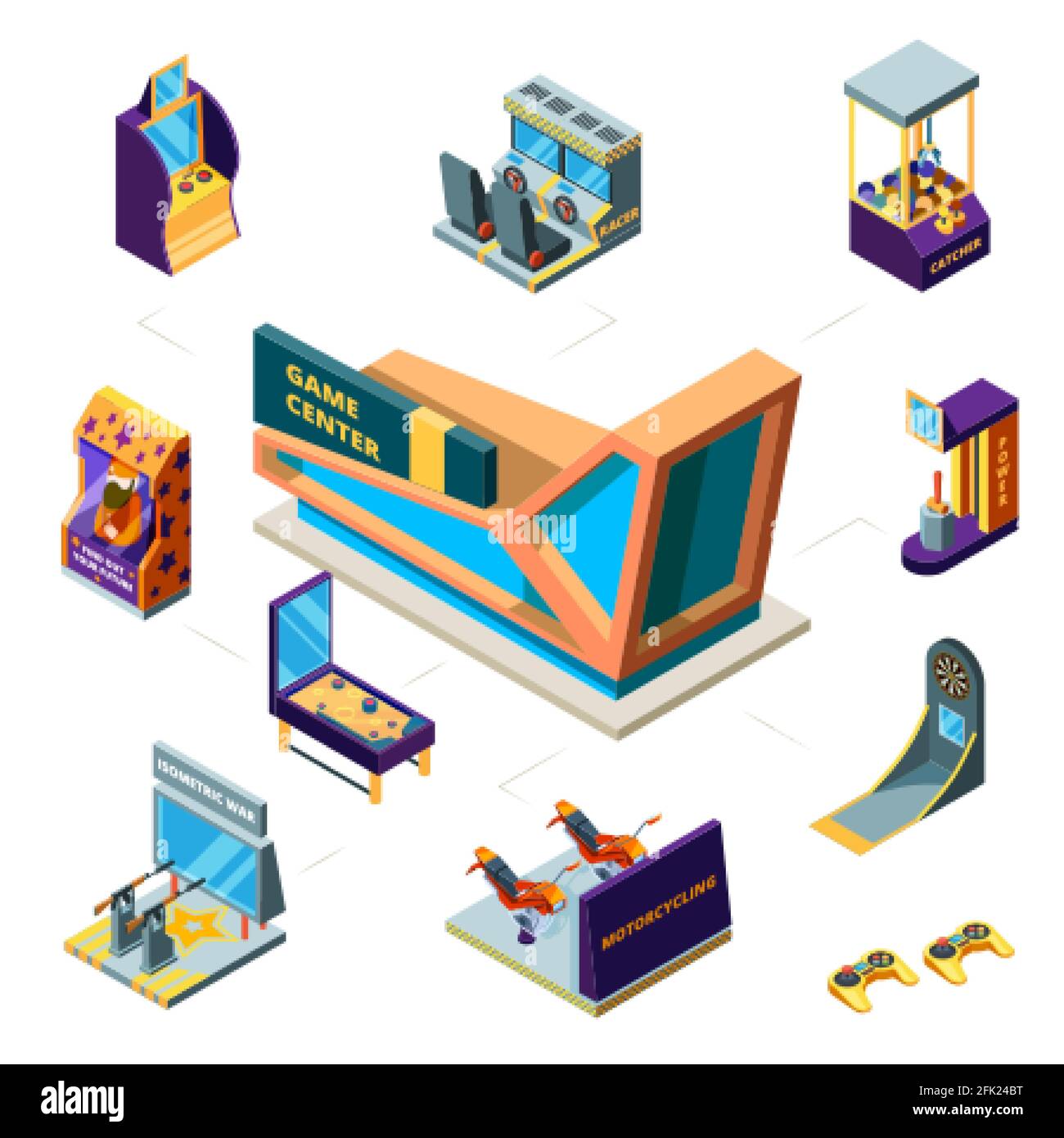 Modern game center concept. 3d game machines. Race simulator darts ...