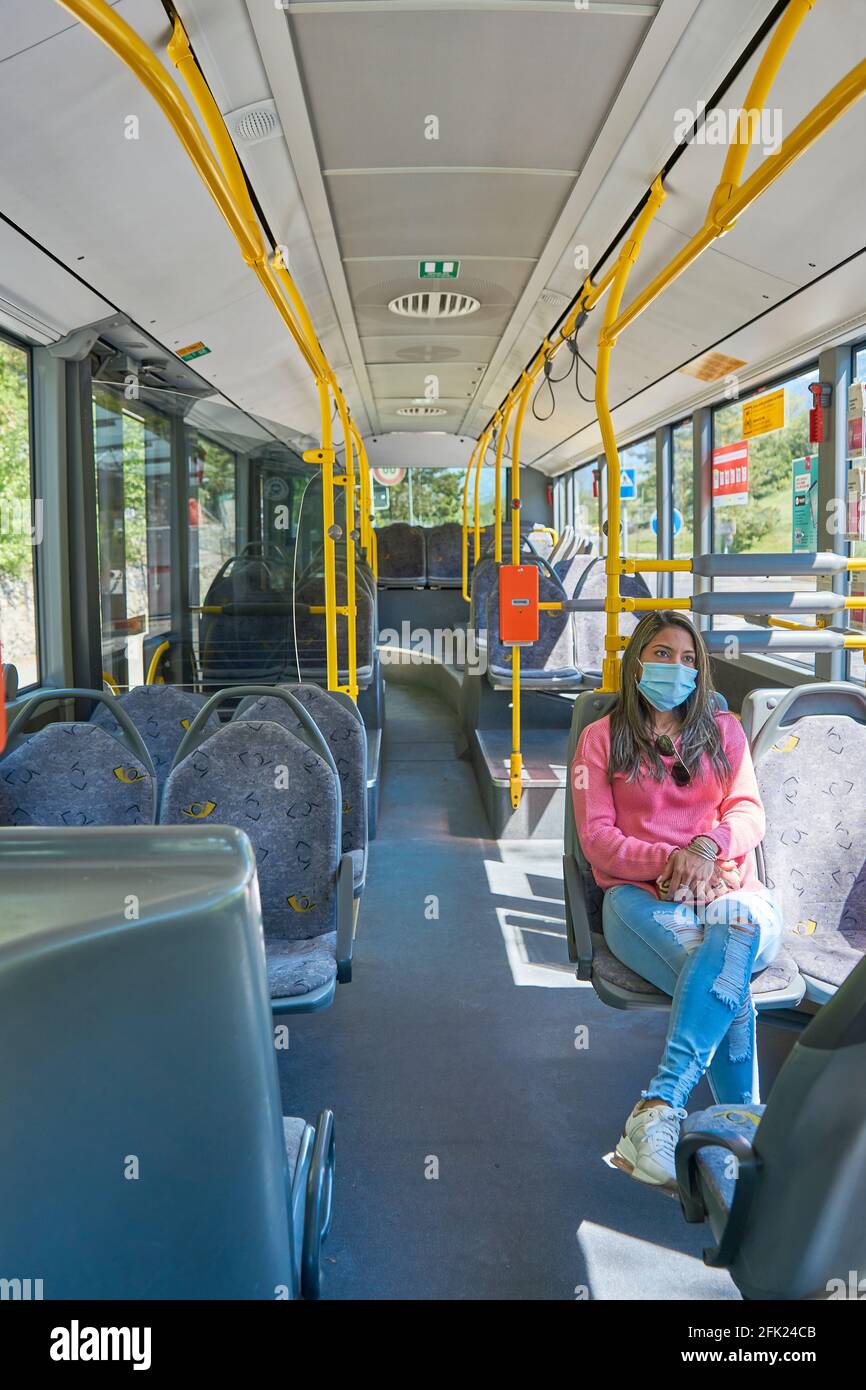 pictures of a different moments of woman traveling in city bus Stock ...