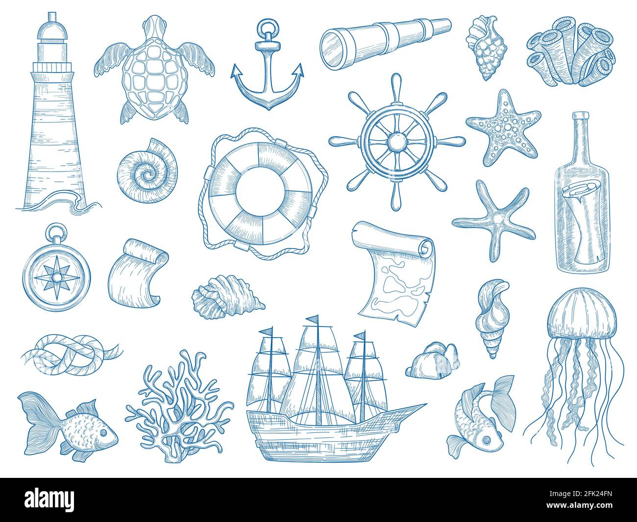 Nautical collection. Sailing boats hand drawn marine set fishes vessel ...