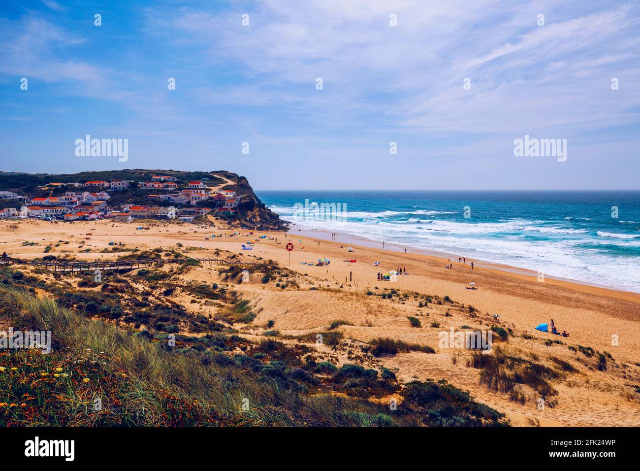 View of the Monte Clerigo beach on the western coastline of Portugal ...