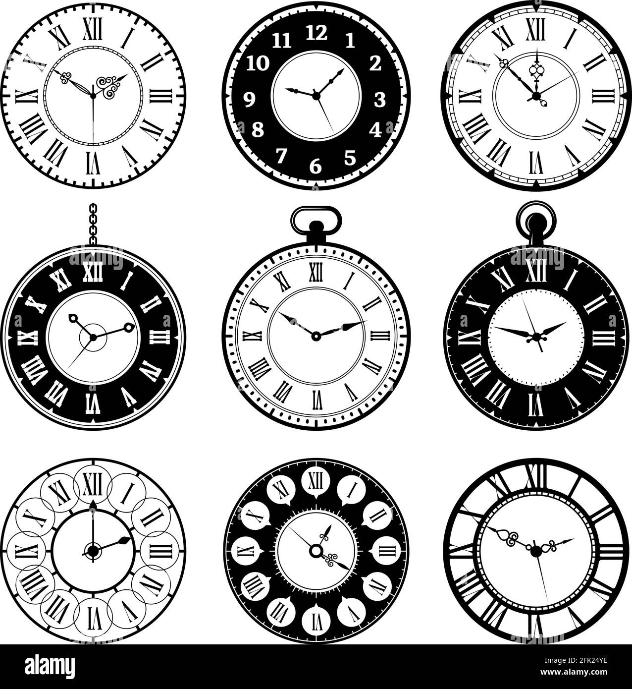 Retro clocks. Old roman vintage round watches collection vector pictures set Stock Vector Image ...