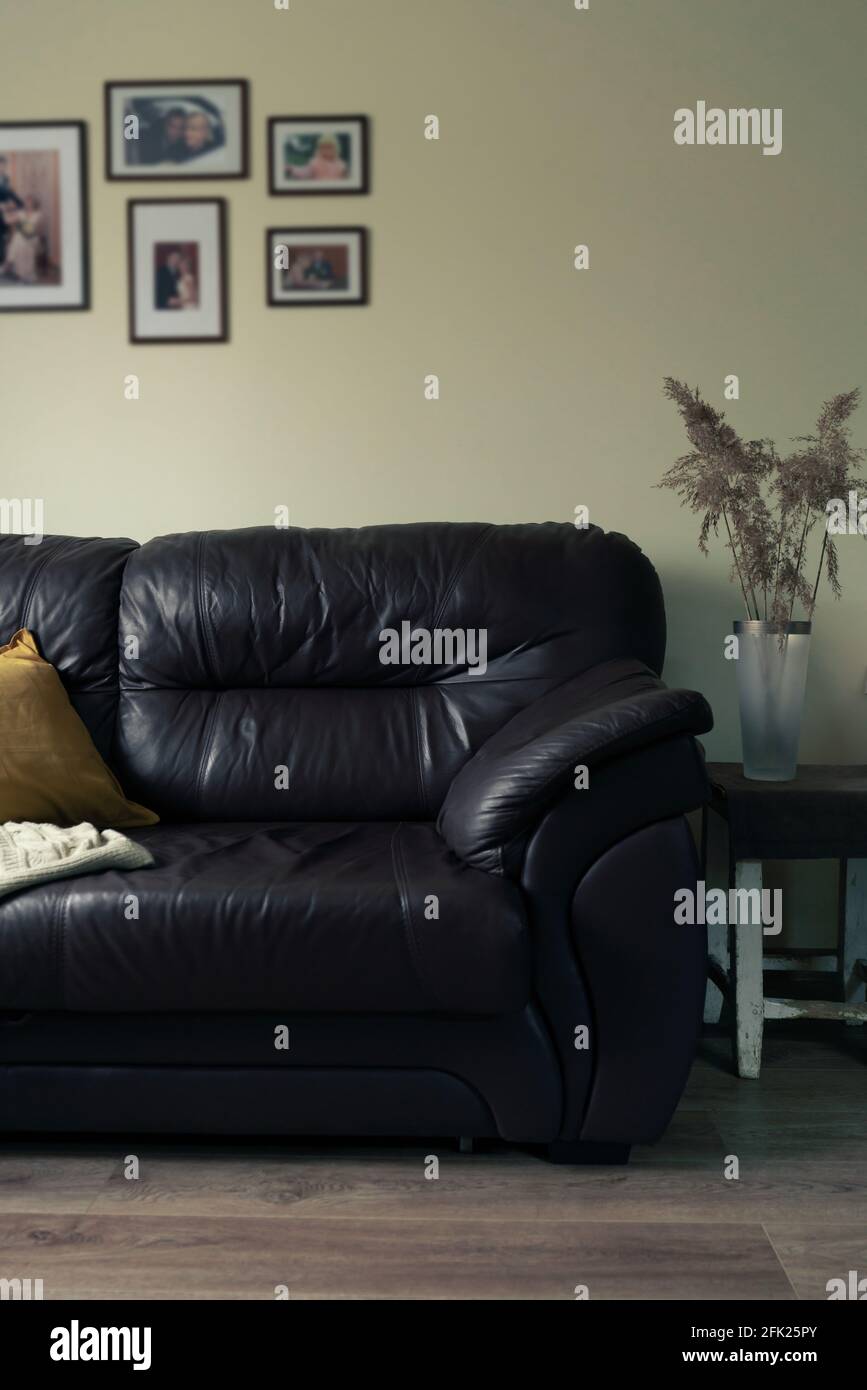 Closeup of luxurious expensive old brown leather couch with pillows and ...