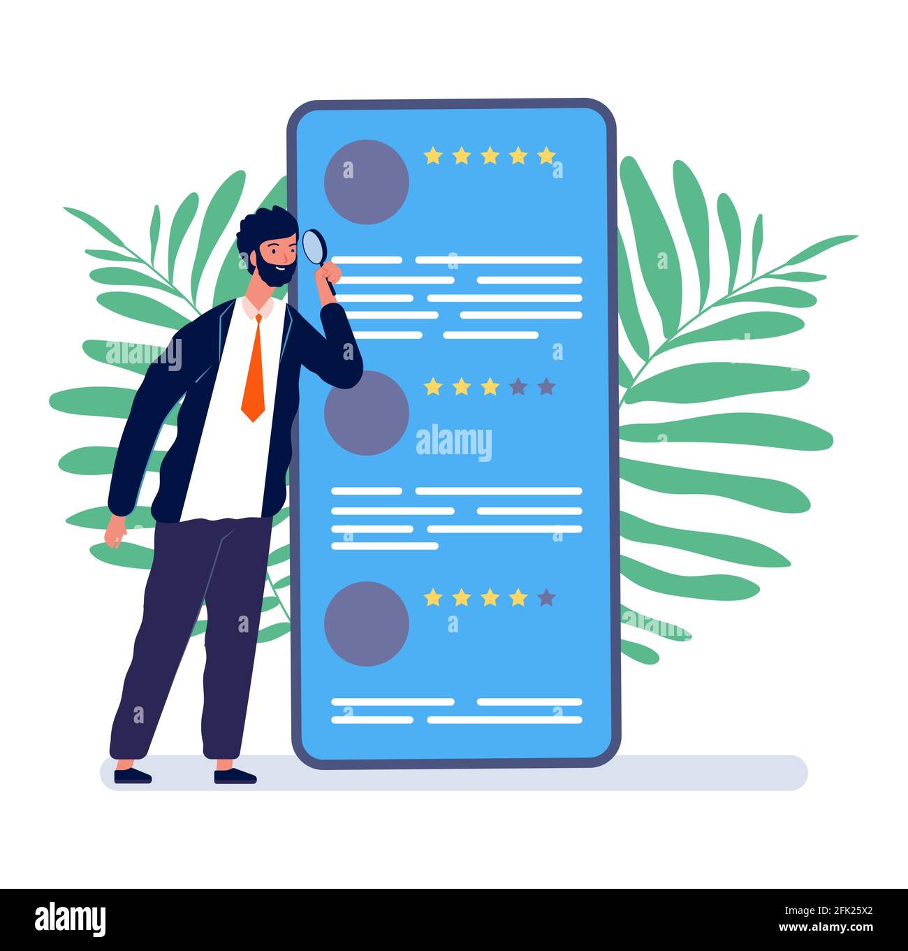 Reviews concept. Man watching online feedback. Mobile review, customer ...