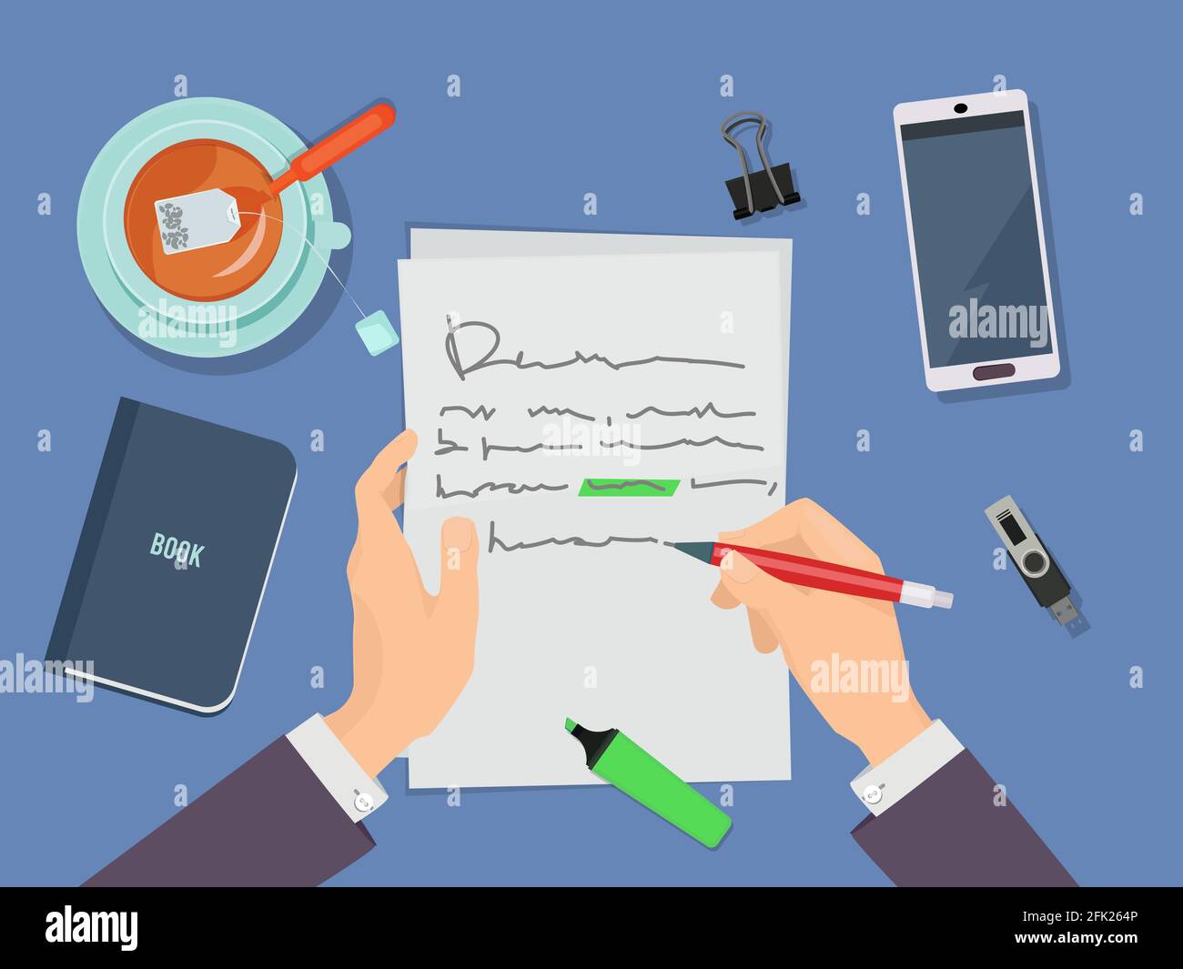 Letter writing. Author hands holding pencil and writing poem on paper ...