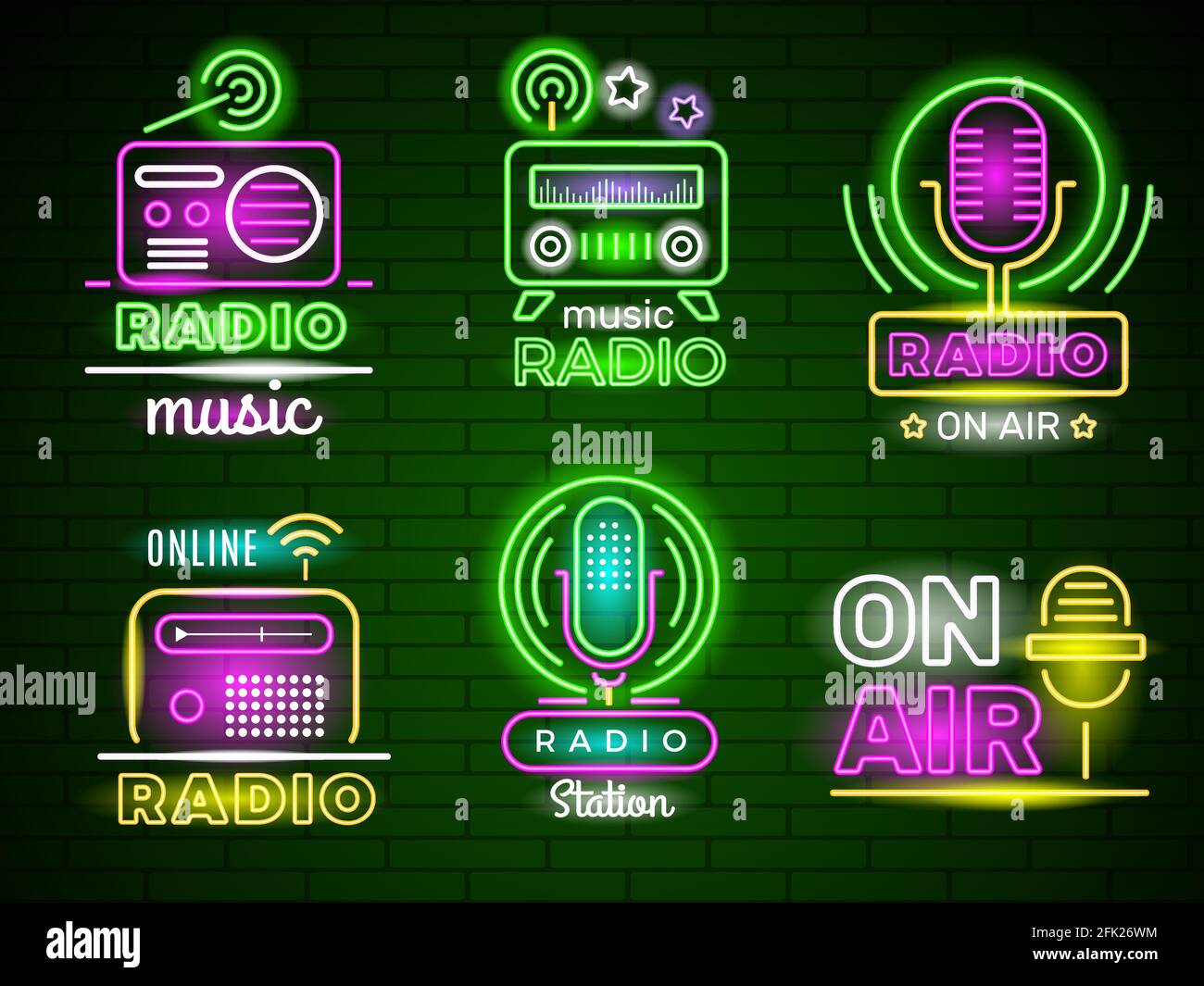 Radio glowing logo. Neon style colored business music broadcast emblem ...