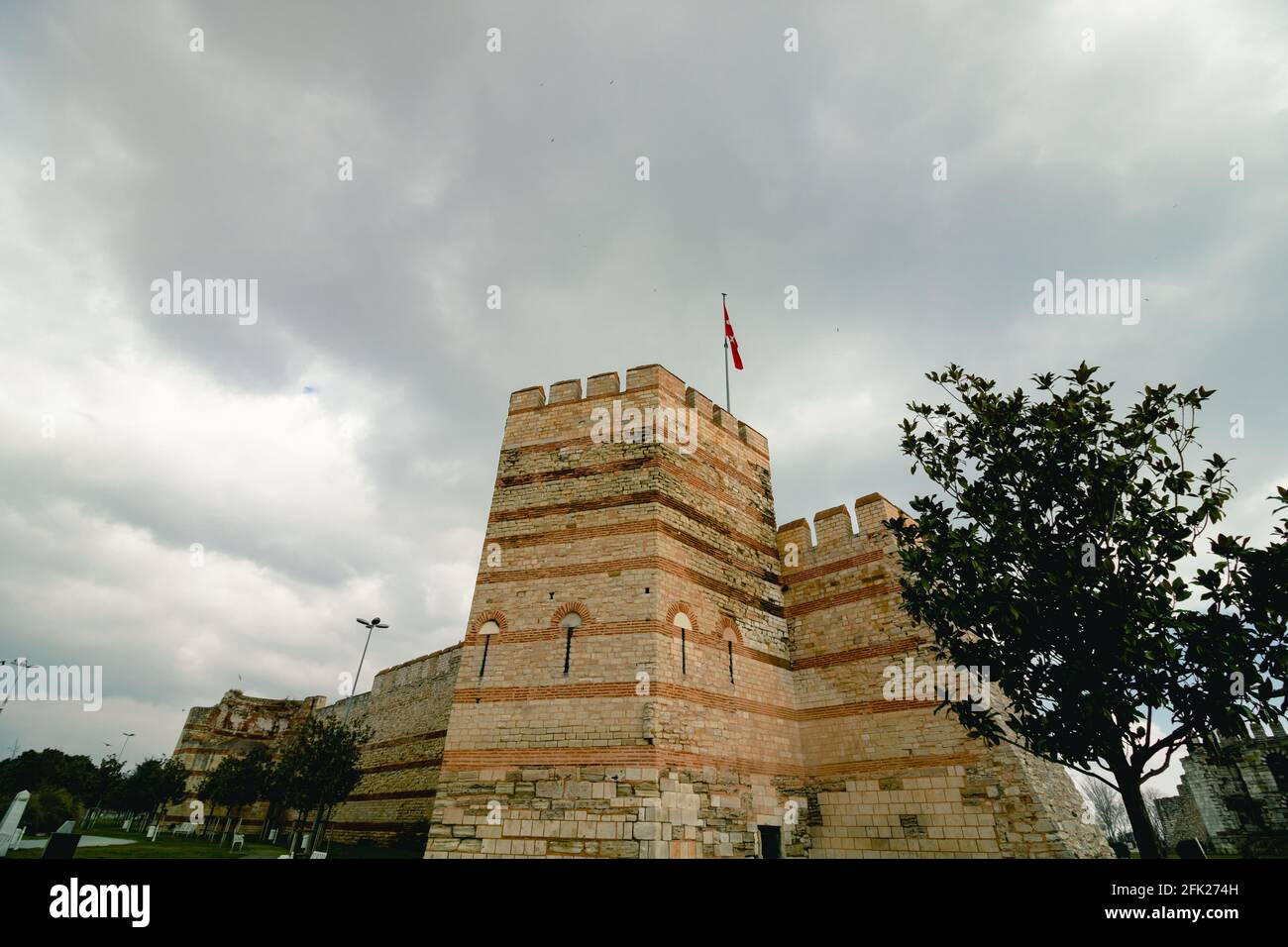 Tower of the old city walls of Istanbul. City walls of constantinople ...