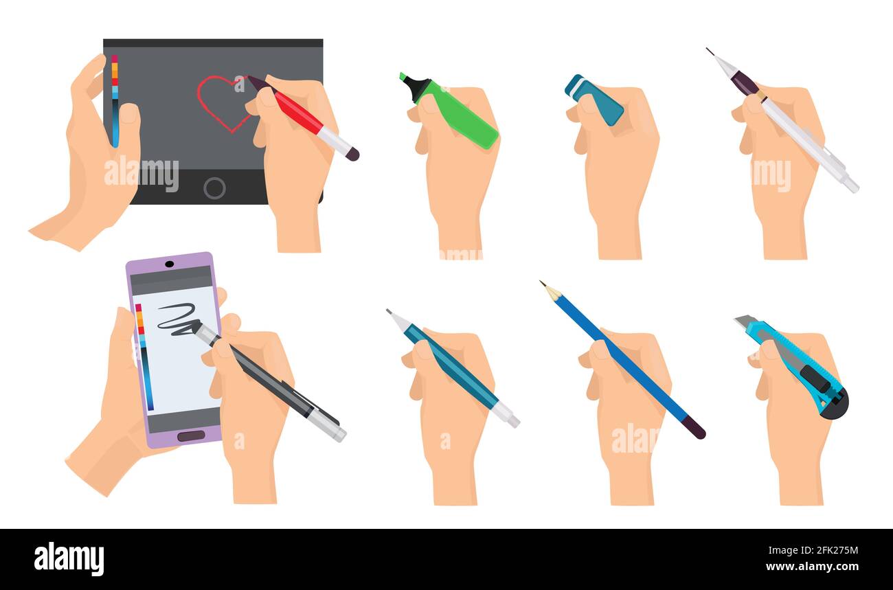 Hands writing. Writers holding pen and pencil vector cartoon tools ...