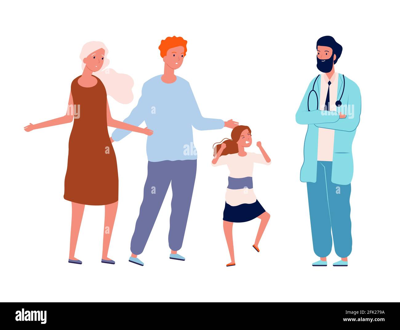 Angry girl and confused parents. Pediatry visit, doctor and naughty ...