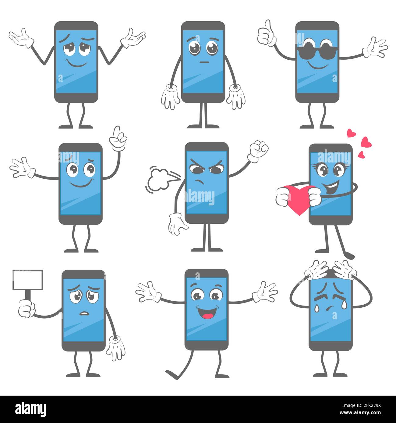 Cartoon smartphone. Mobile telephone mascot action poses with hands and ...
