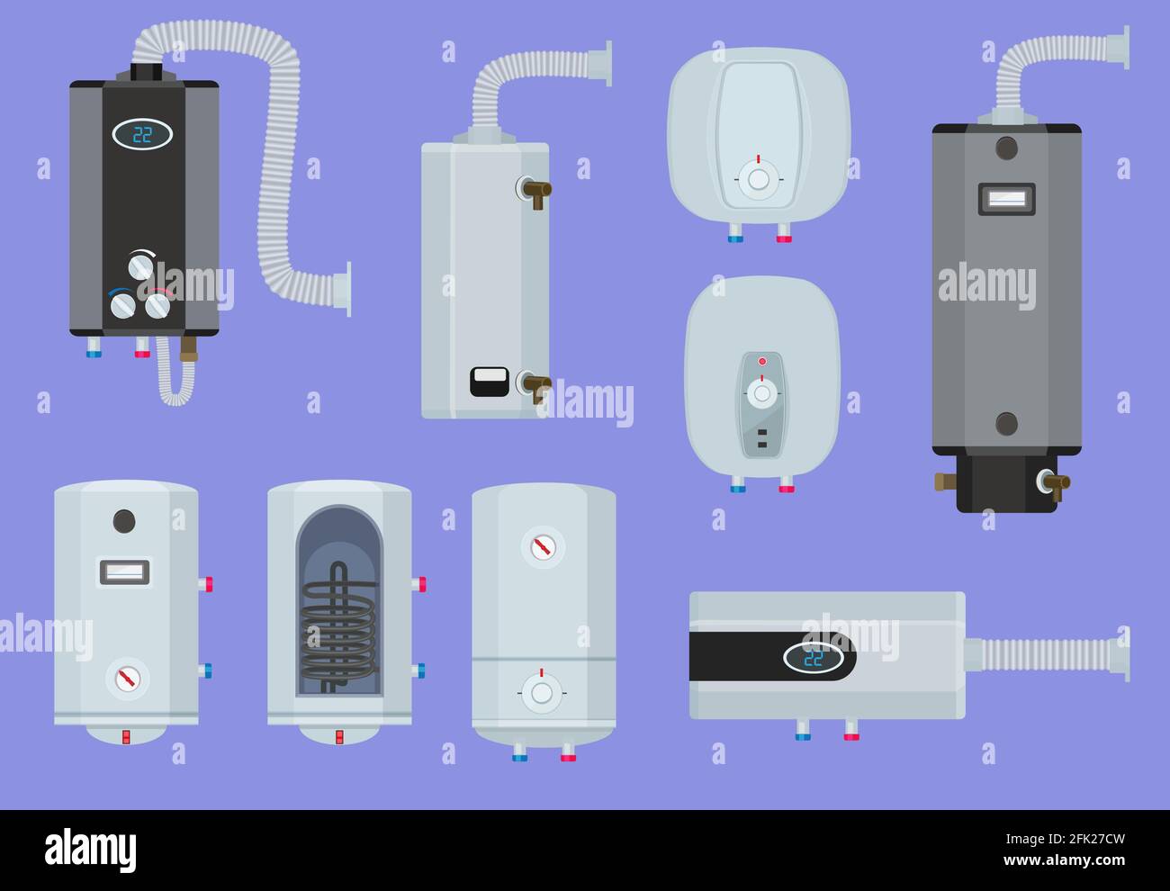 Heater systems. Water boiler house gas station warm technology vector ...